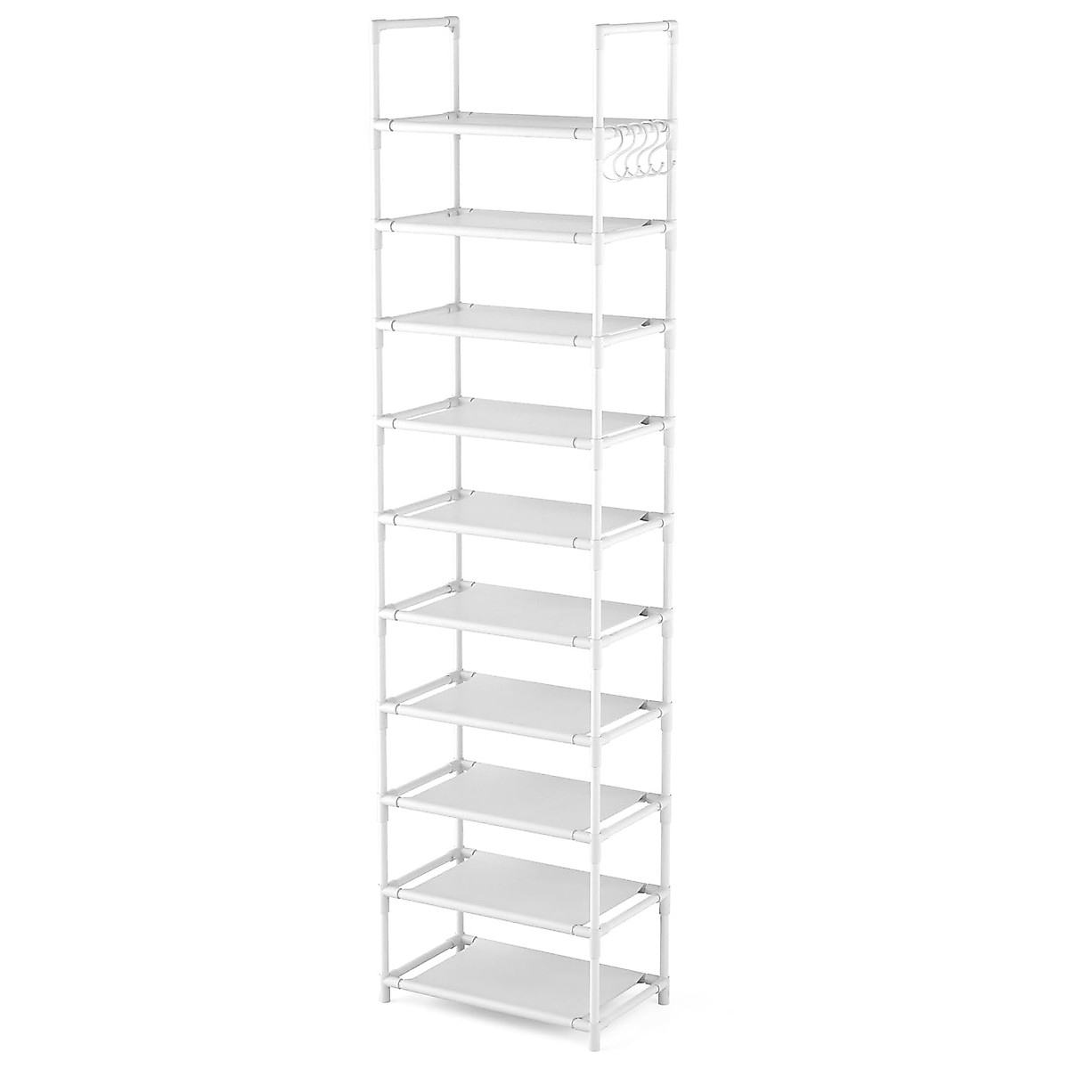 LANTEFUL 10 Tiers Tall Shoe Rack 20-25 Pairs Boots Organizer Storage Sturdy Narrow Shoe Shelf for Entryway, Closets with Hooks, White