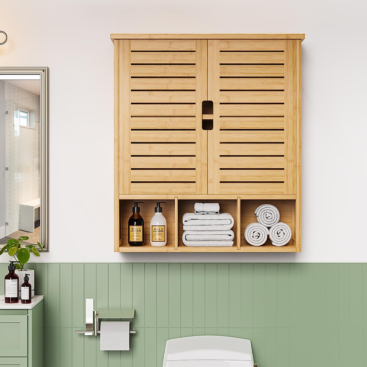 BAMBOOHOMIE Bathroom Wall Cabinet, Bamboo Medicine Cabinet Wall Mounted with 2 Doors & Adjustable Shelf, Over The Toilet Storage Cabinet for Bathroom Laundry Room Kitchen (Natural)