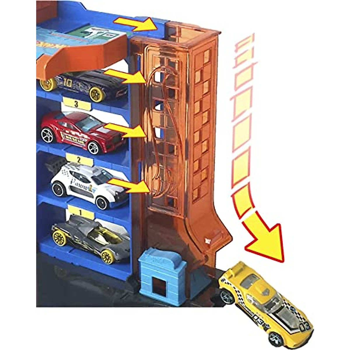 Hot Wheels City Toy Car Track Set Downtown Car Park Playset with 1:64 Scale Vehicle, 4 Levels, Working Lift & Exit Chute
