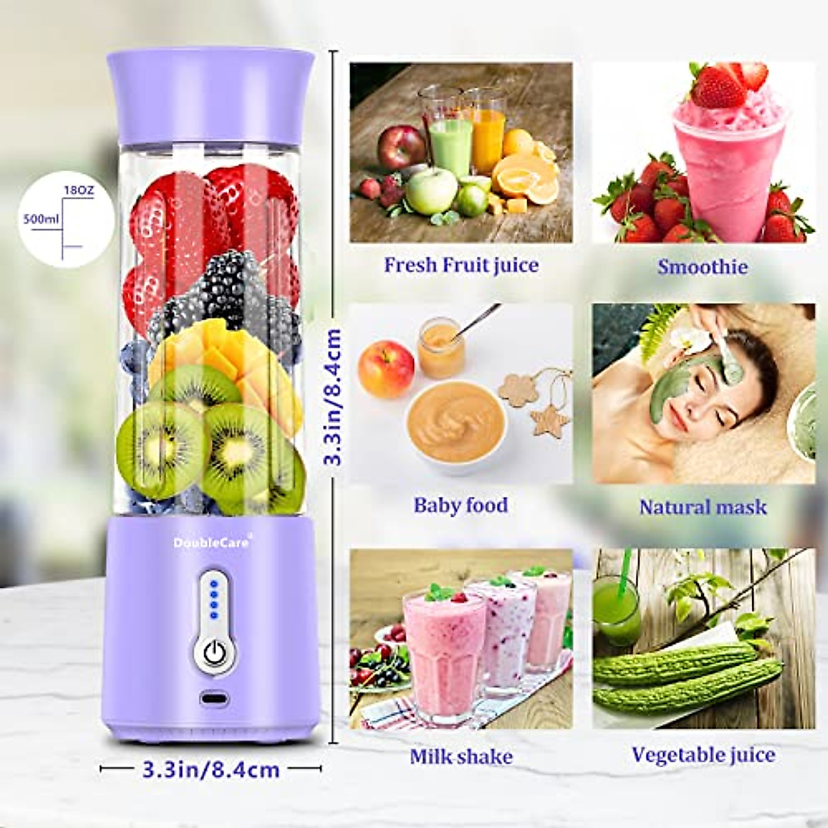 Portable Blender for Shakes and Smoothies,500ml Electric Juicer, 4000mAh Smoothie Blender with BPA-Free Material, USB Rechargeable Fresh Juice Blender for Travel, Gym, Outdoors, and Home, lavender purple