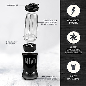Rae Dunn Personal Blender 600W | 24oz Capacity | BPA-Free Jar | Crushes Ice | Leak-Proof | Anti-Slip Feet | Dishwasher Safe, Black