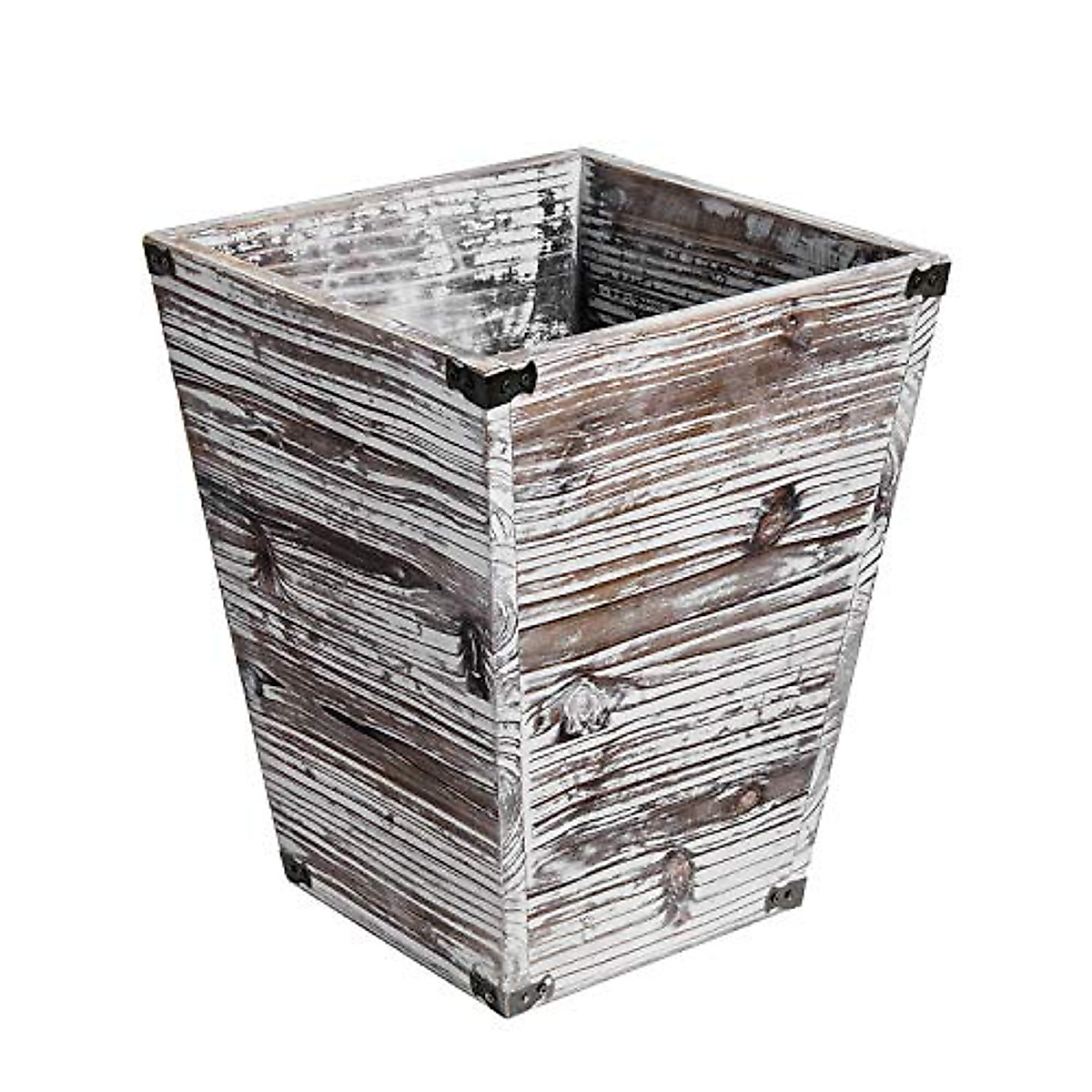 Liry Products Rustic Torched Wood Square Waste Basket Farmhouse Style Recycle Bin Trash Can Decorative Metal Brackets Whitewashed Wooden Garbage Container Ash Holder Bedroom Living Room Home Office