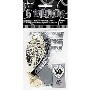 Unique Party 80896-12" Latex Glitz Black and Silver 50th Birthday Balloons, Pack of 6