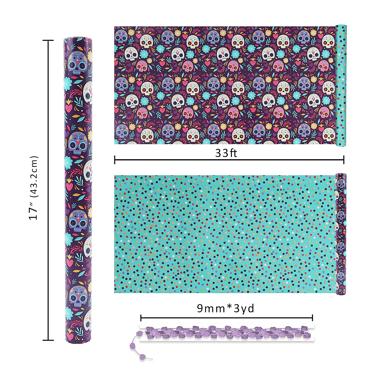 LaRibbons Day of The Dead Reversible Wrapping Paper Roll with Purple Pom Pom, 17 Inch X 33 Feet (47sq.ft.ttl.) Skull Gift Wrap Paper for Dia De Los Muertos, Halloween Decoration, Mexican Fiesta Party