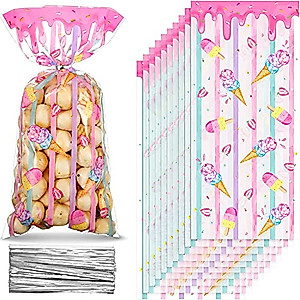 Geyee 100 Pieces Ice Cream Treat Bags, Watercolor Ice Cream Theme Cello Plastic Candy Goodie Bag with 100 Silver Twist Ties for Kid Summer Sweet Baby Shower Birthday Party Favor Bag, Clear