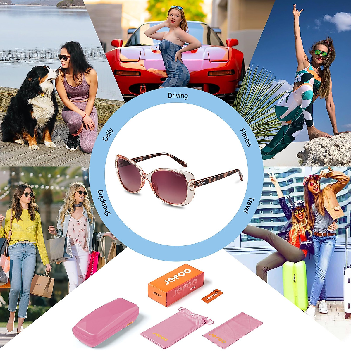 Jefoo Polarized Sunglasses Women Trendy Classic Shades Sun Glasses for Running Driving Golf Yoga, UV400 Protection