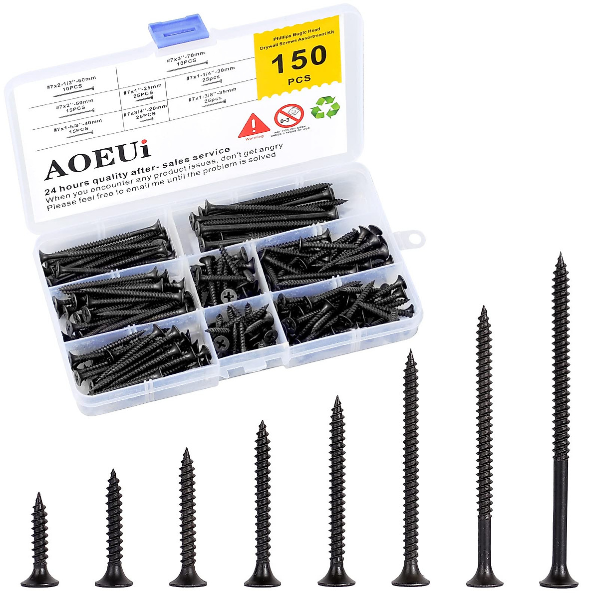 Premium Drywall Screws, 150pcs, 8 Sizes Wood Screws Assortment Kit, Phillips Tips Quality Black Wood Screws Set, Assorted Flat Head Screws for Sheetrock, Wood, Drywall, Furniture