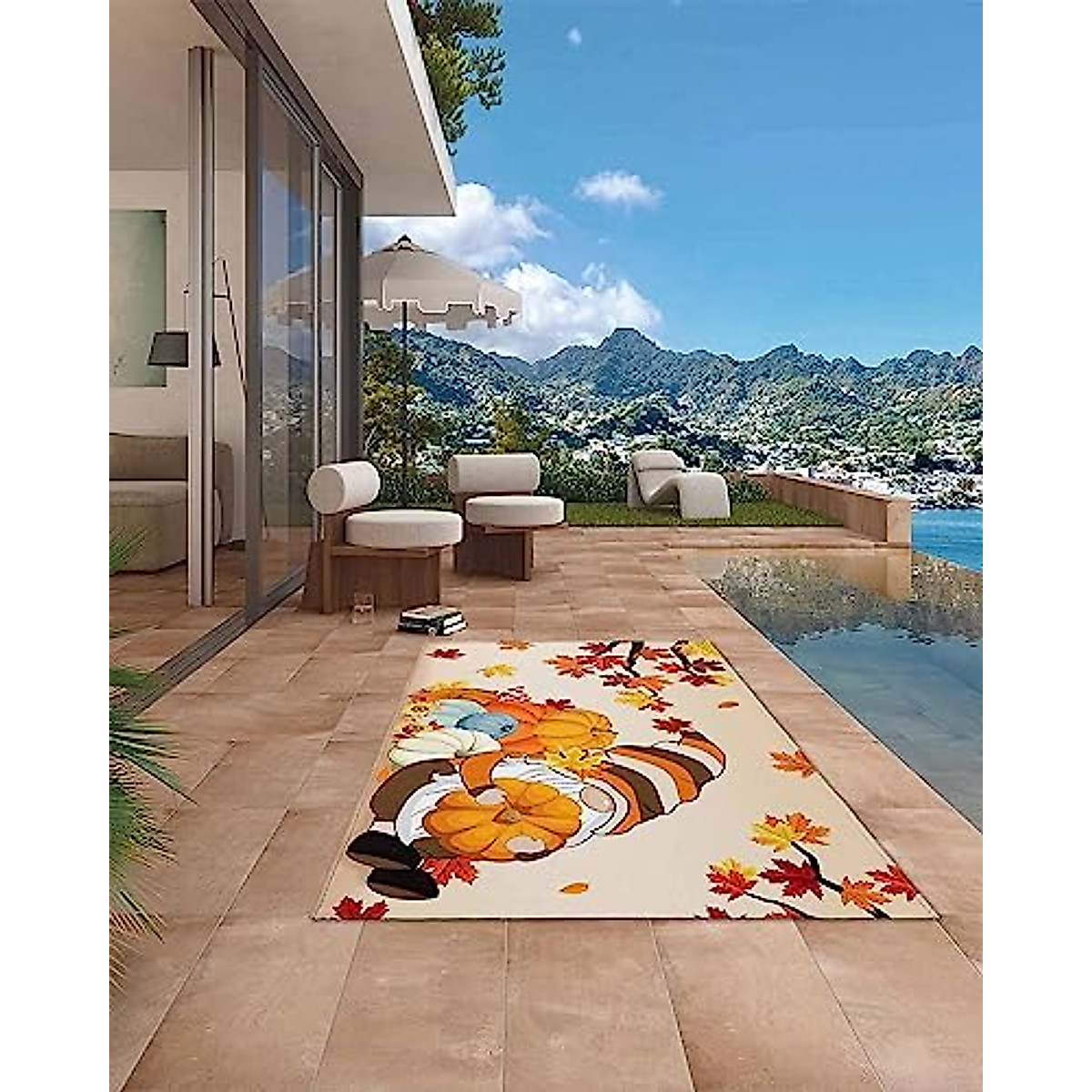 Outdoor Area Rug for Patio,Thanksgiving Dwarf Pumpkin Maple Leaf Camping Rugs Indoor Large Floor Mat 5x8ft,Fall Orange Gradient Leaves Outside Carpet for Deck RV Picnic Porch Backyard Bedroom