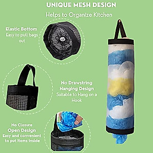 Kitchen Grocery Plastic Bag Holder and Dispenser, Waterproof Washable Wall Mount Folding Mesh Storage Bag 2 Pack Black, Recycling Grocery Pocket Containers