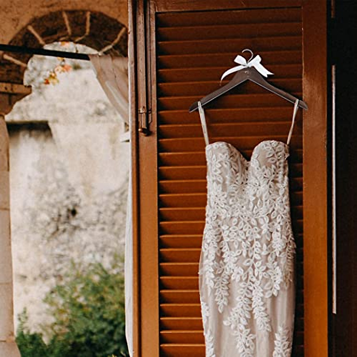 Yean Flower Wedding Hangers Mrs Bride Dress Hanger Ribbon Hanger Bow Engraved Bridal Gown Hanger for Women (Classic Wood Color)