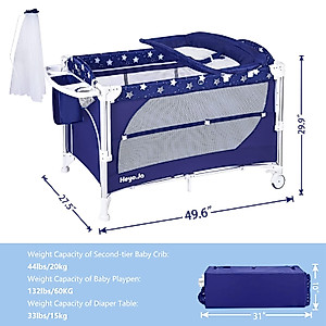 Heyo.Ja Baby Bassinet Bedside Crib, Portable Playard 4 in 1 Convertible Pack and Play with Mattress, Foldable Travel Crib for Girls Boys Infant Newborn (Navy)