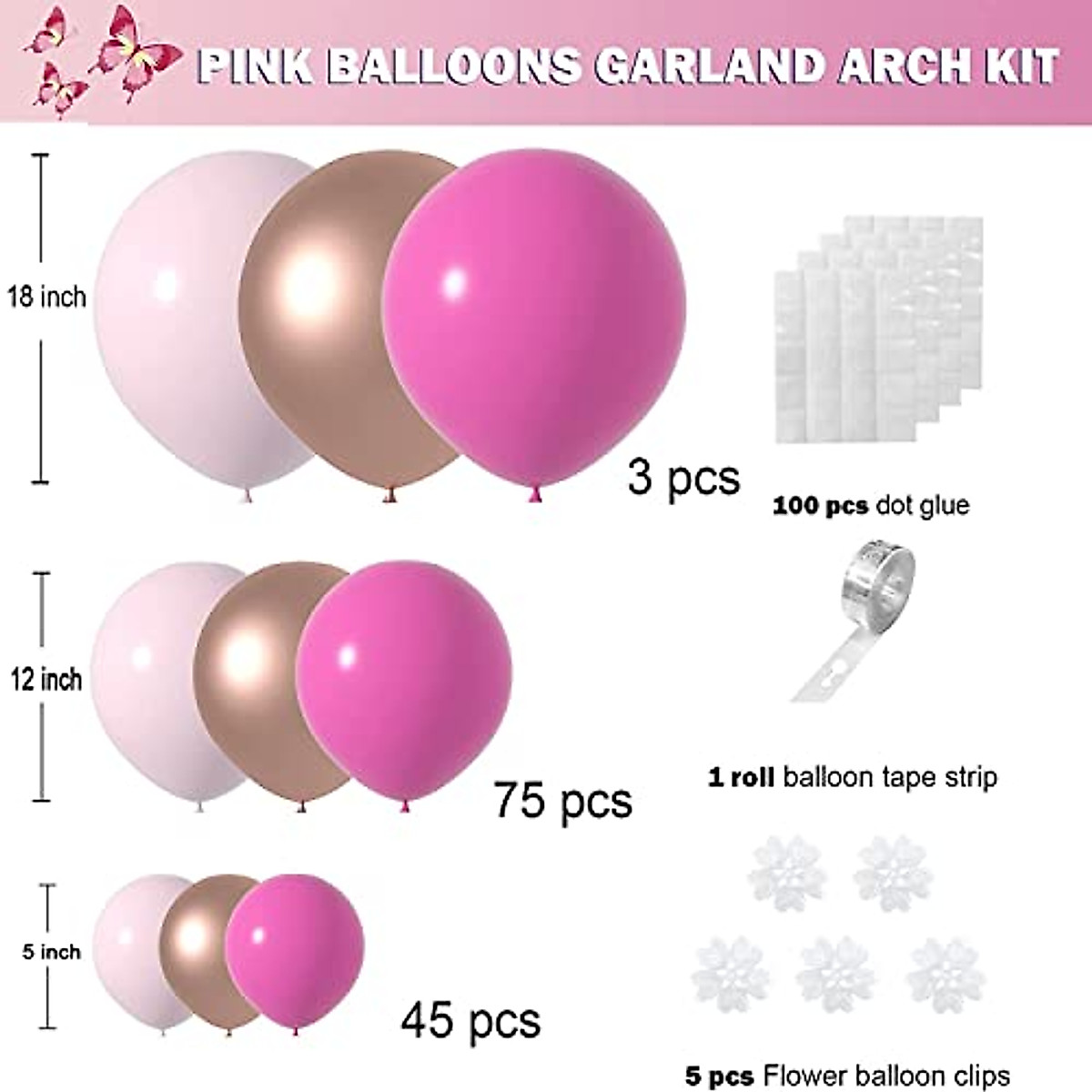 Pink Balloon Arch Garland Kit, 5+12+18 inch Hot Pink Metallic Rose Gold Light Pink Balloons For Woman and Girls Birthday Party Princess Theme Party Wedding Engagement Party Baby Shower