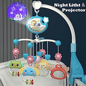 Baby Musical Crib Mobile with Light and Projector, Mobile for Crib with Remote Control ＆ Timming Function, Rotating Hanging Rattles Toy for Newborn