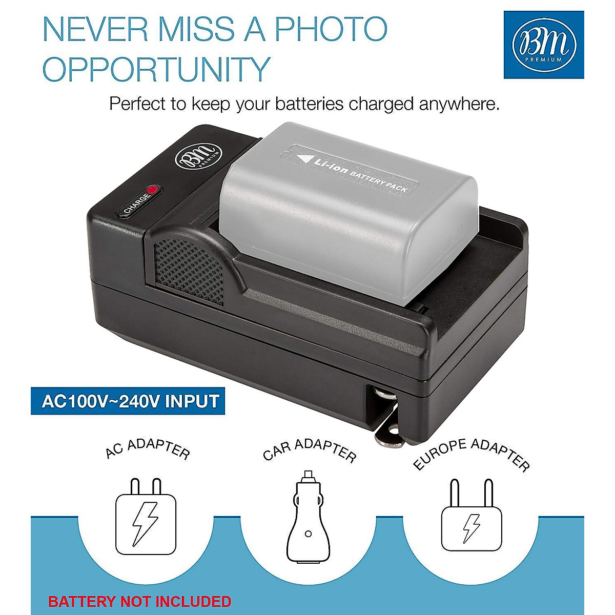 BM Premium NP-FH50 Battery Charger for Sony CyberShot DSC-HX1 DSC-HX100V DSC-HX200V HDR-TG5V DSLR A230 A290 A330 A380 A390 Digital Cameras (BC-TRV Replacement)