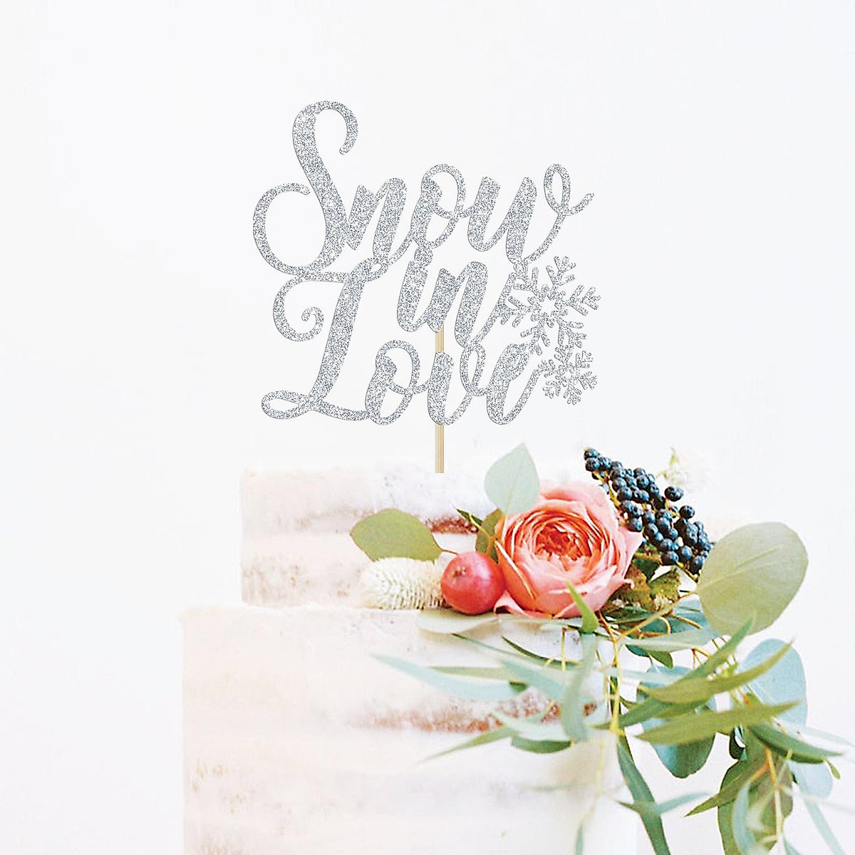 Snow in Love Cake Topper, Winter Bridal Shower Decor, Winter Themed Engagement Wedding Anniversary Bachelorette Party Decorations Silver Glitter