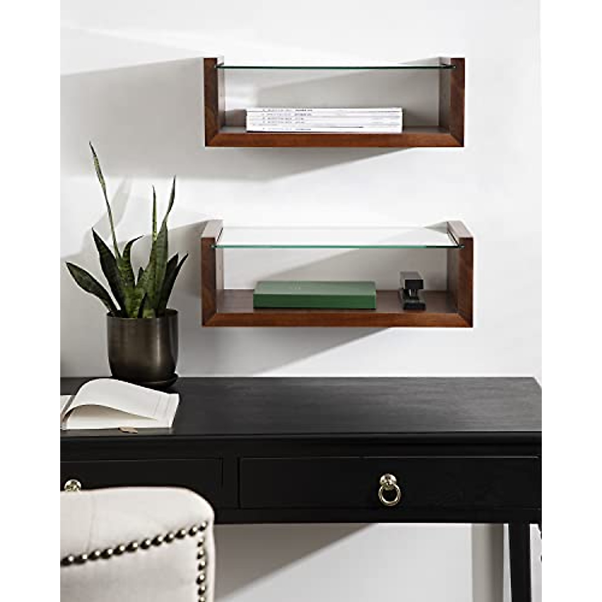 Kate and Laurel Holt Midcentury Floating Shelf, 18 x 10, Walnut Brown, Sophisticated Glass and Storage Shelf for Storage and Display