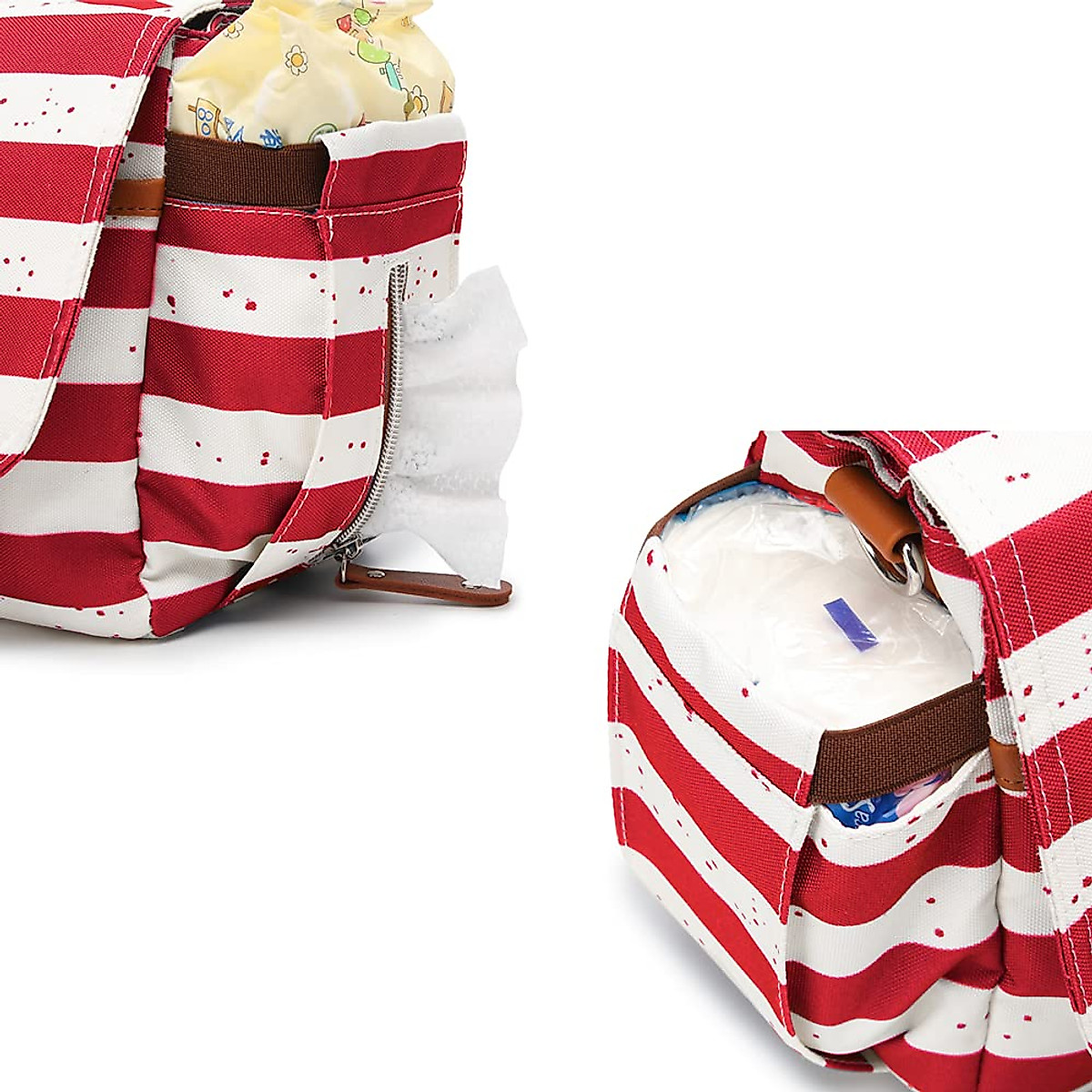 Baby Diaper Stroller Bag - Diaper Caddy Tote Baby Stroller Bag Nursery Storage Bin for Diapers, Wipes & Toys Diaper Bag With Stroller Hooks, Classic Stripes (Red)