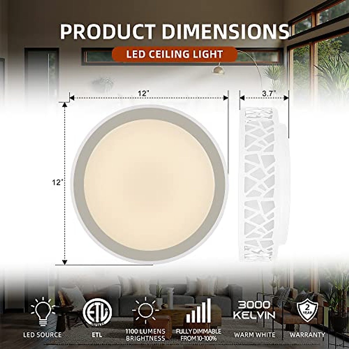 VICNIE Flush Mount Light Fixture, 12 inch 15W 1100 Lumens LED Ceiling Lights, Dimmable 3000K Warm White, ETL Listed for Kitchen, Hallway, Bedroom, Stairways (Metal Body and Acrylic Shade)