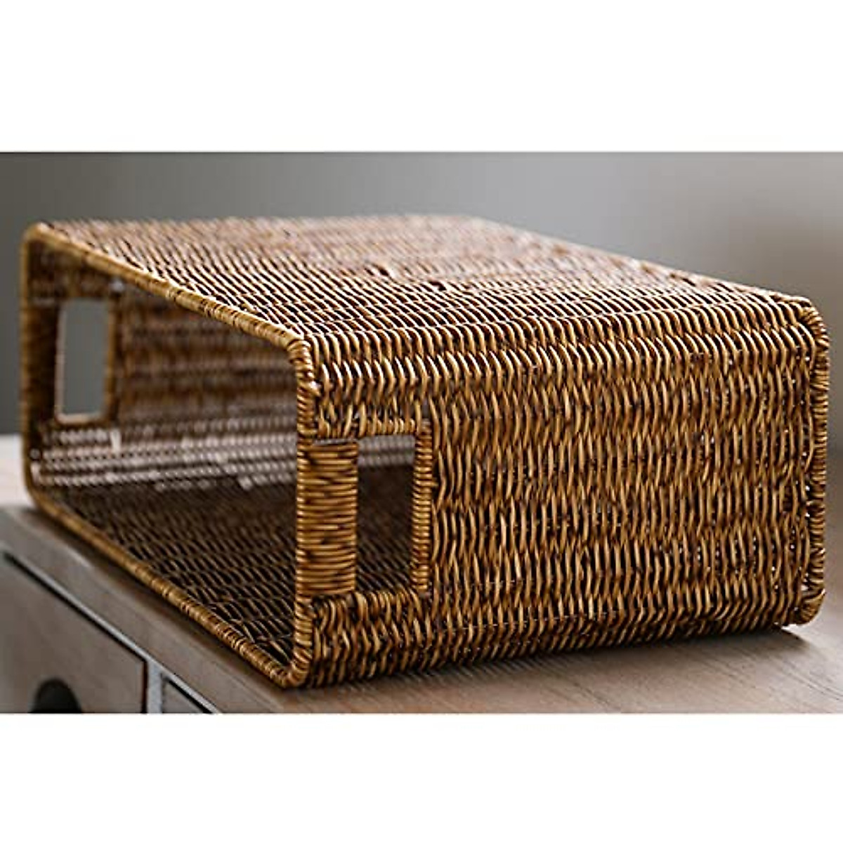 Bddalpke Hand-Woven Basket Plastic Rattan Sundries Storage Bins Japanese Style Finishing Basket for Closets Bedroom Magazine Newspaper Home Decor (Dark Brown)
