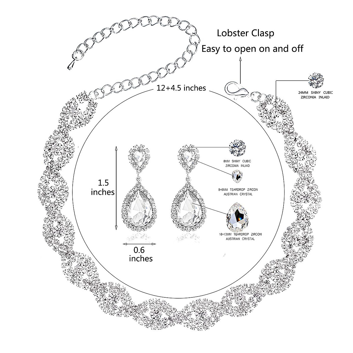 3 Pack Bridal Rhinestone Crystal Statement Choker Necklace Link Bracelet and Teardrop Dangle Earrings Jewelry Set