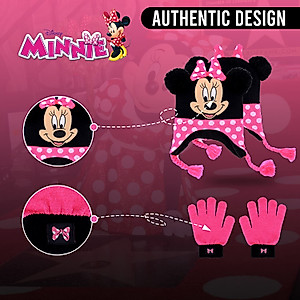 Disney Minnie Mouse Kid’s Winter Hat and Snow Gloves for Girls and Toddlers, 2 Pc. Set, Warm Fleece Lined Beanie with Bow