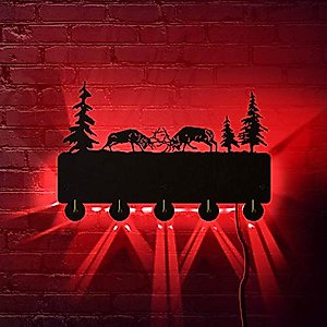 The Geeky Days Wildlife Elk Fighting Wall Art Coat Hooks Coat Hanger Home Decor Modern Art Wall Hook Animal Coat Hat Key Hanging Decorative Wall Hook Robe Hanger with LED Backlight
