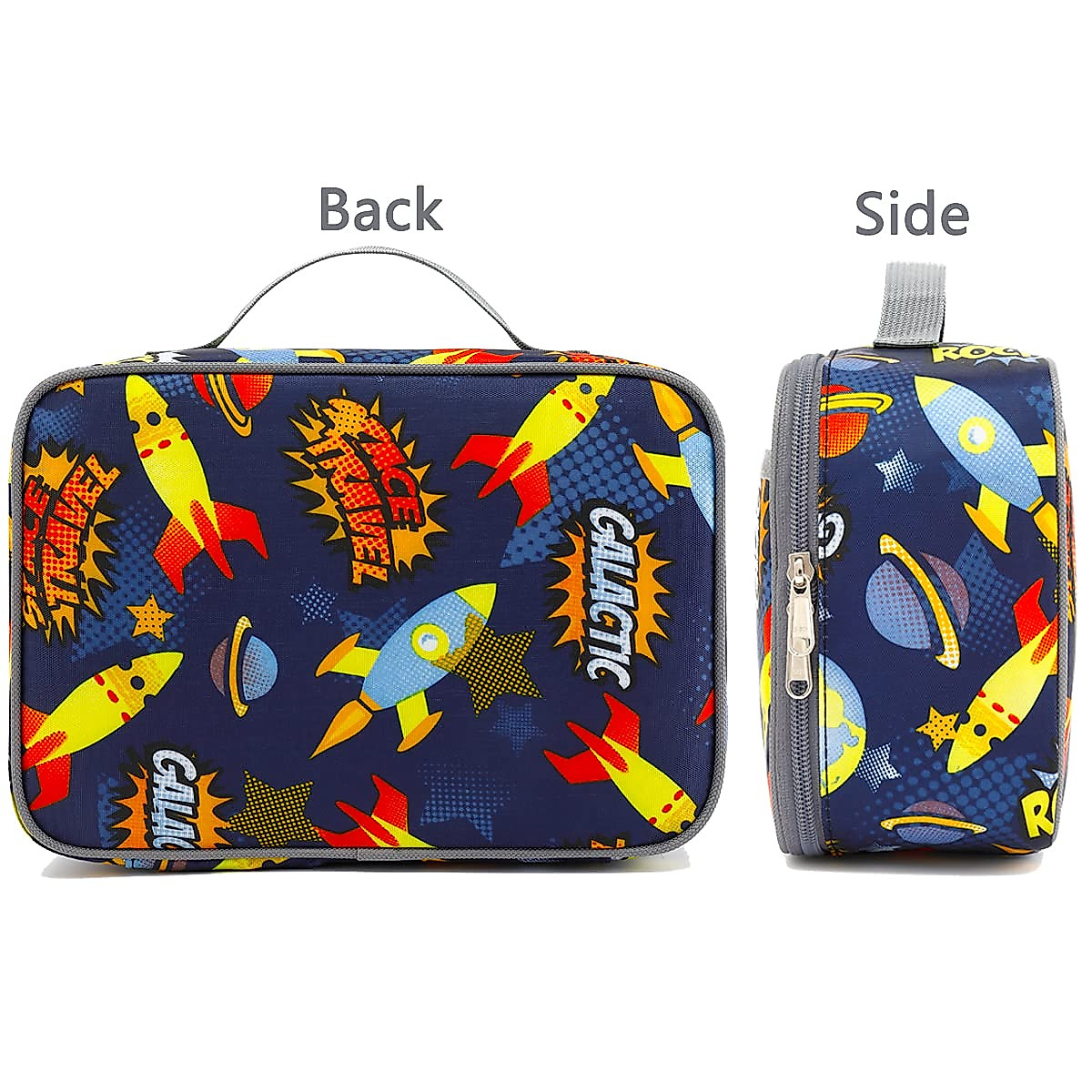 FlowFly Kids Lunch box Insulated Soft Bag Mini Cooler Back to School Thermal Meal Tote Kit for Girls, Boys, Outer Space Rocket Ships in Dark Navy Blue