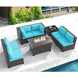 ASJMR Outdoor Patio Furniture Set with Gas Fire Pit Table, 8 Pieces Outdoor Furniture Set Patio Sectional Sofa w/43in Propane Fire Pit, PE Wicker Rattan Patio Conversation Sets - Teal.