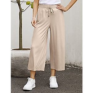 GlorySunshine Womens Linen Wide Leg Pants Elastic Waist Solid Palazzo Casual Loose Drawstring Trousers with Pockets New-Apricot L
