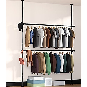 Closet Organizer Clothes Rack, Heavy Duty 2-Tier Adjustable Free Standing Laundry Drying Garment Rack, Floor to Ceiling Clothing Hanger Tension Rod Closet System Wardrobe Storage Matt Black
