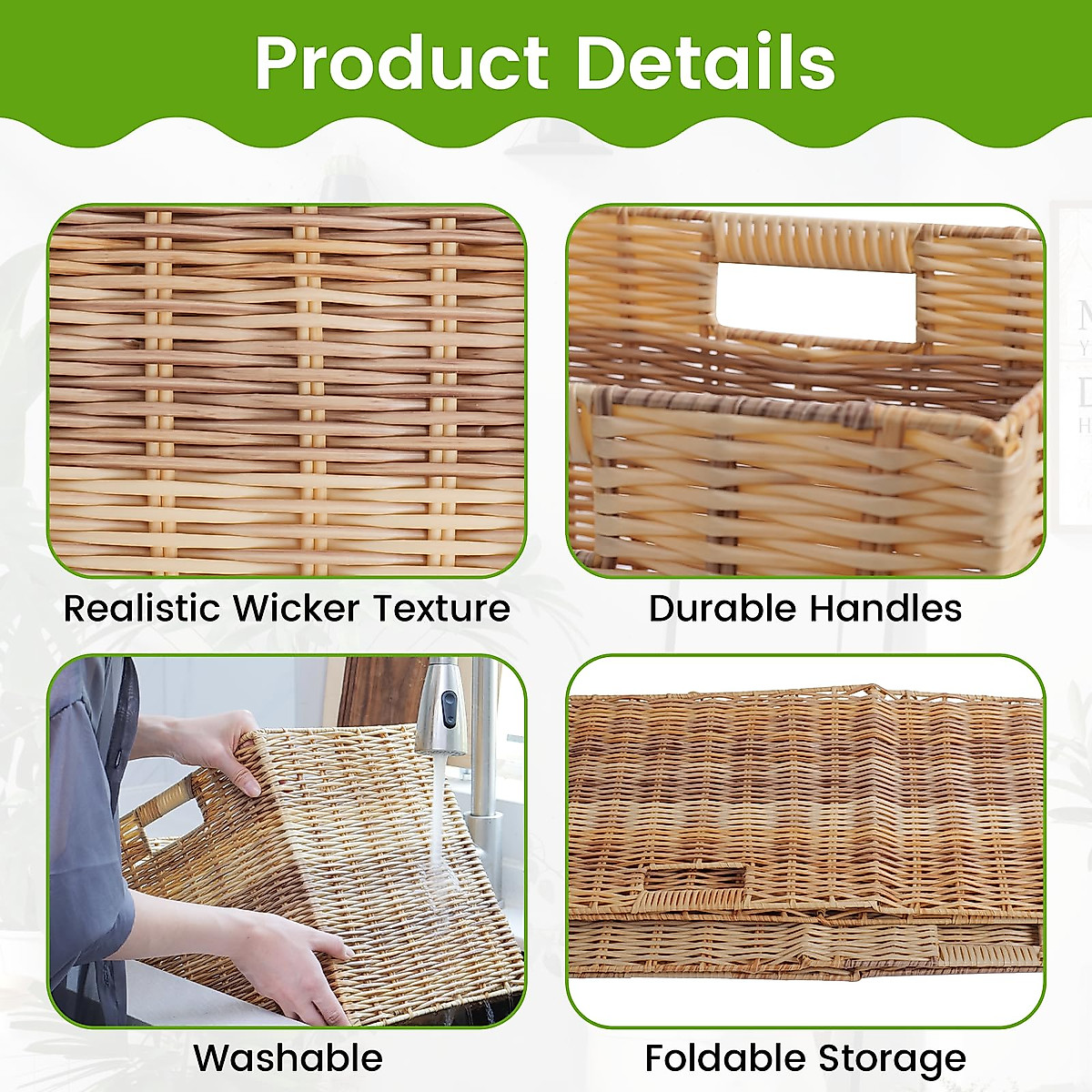 Wicker Storage Baskets 2-Pack, 12.6in Cube Storage Bins, large Woven Baskets for Shelves, Waterproof Wicker Baskets Foldable Organizer for Laundry Room, Bedroom, Living Room, Nursery Room, Set of 2