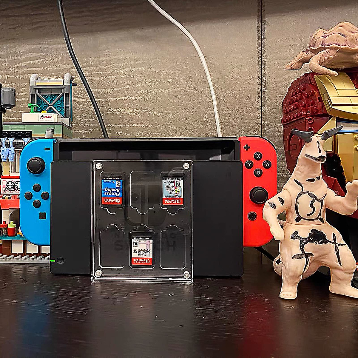 X-Richmen Game Card Case for Nintendo Switch Transparent Acrylic Game Storage Box Protective Shockproof Display Cabinet with 6 Slots Game Storage Box, Gift Mario Mushroom Red and Blue Thumb Grip 2PCS