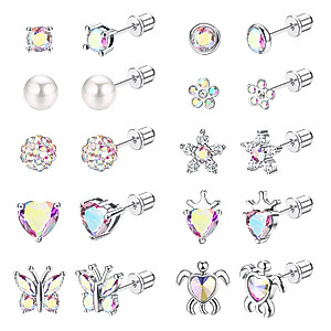 JOERICA 10 Pairs Screw Back Earrings for Women Surgical Steel Hypoallergenic Earrings Stud CZ Heart Flower Pearl Butterfly Turtle Screw on Earrings Pink CZ