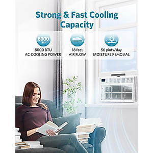 Joy Pebble 8000 BTU Window Air Conditioner, Window Air Conditioner for Room Cools Up to 350sq.ft, Window AC Unit with Cooling, Dehumidifier and 3 Fan Speed, 24-Hour Timer & ECO Mode
