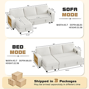 Furmax 80″ Sleeper Sofa Couch with Pull Out Bed L Shaped Sleeper Sofa with Storage Chaise, USB Charging Ports & 2 Built-in Bookshelves 3-Seat Sectional couches for Living Room (Fabric, Beige)