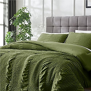 Seersucker Olive Green Twin size Comforter Set, 2 Pieces- Soft Washed Microfiber Sage Comforter with 1 Pillowcase sham, Fluffy Down Alternative Bedding Comforter Sets for All Season (68x90 inches)