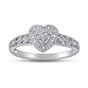 10k Solid White Gold Round White Natural Diamond Accent Heart Promise Engagement Ring (I-J Color, I2-I3 Clarity) Size 7