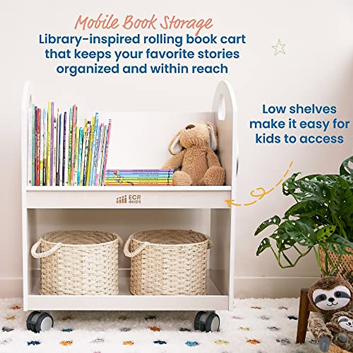 ECR4Kids Mobile Book Cart with Countdown Timer, Classroom Bookshelf, 29.3"D x 15.75"W x 34.25"H, White Wash