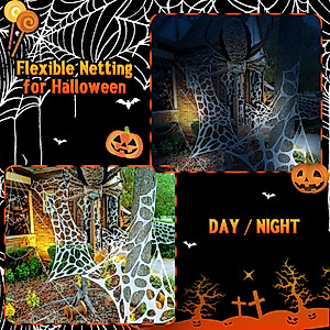 47.5 x 157.5In Spider Webs Halloween Decorations, 400Sqft Giant Stretchy Beef Netting Cut-Your-Own Spider Webbing Bulk with Fake Cobweb Spider, Landscape Stake for Garden Home Outdoor Halloween Décor