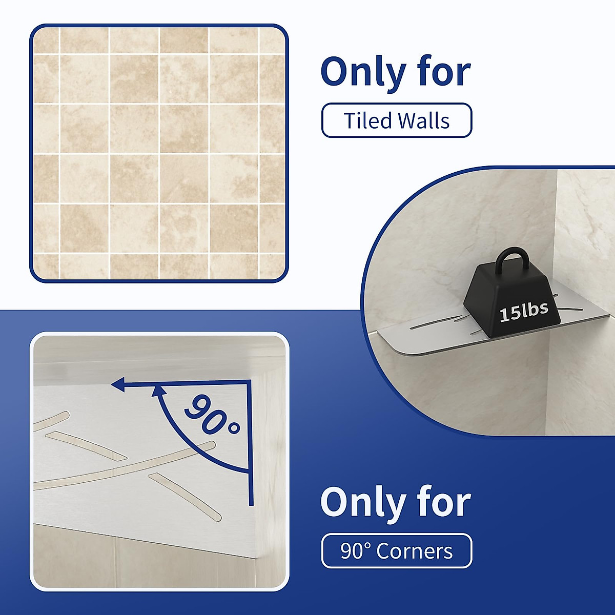 Bernkot Corner Shower Shelf 12" Brushed 304 Stainless Steel Quadrilateral Corner Shelves Recessed Bathroom Storage Shampoo Holder Organizer Kitchen Shelf Rack 2 Pack, No Drilling Needed