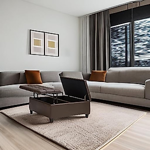 SIMPLIHOME Harrison 36 inch Wide Square Coffee Table Lift Top Storage Ottoman, Cocktail Footrest Stool in Upholstered Chocolate Brown Tufted Faux Leather for the Living Room,