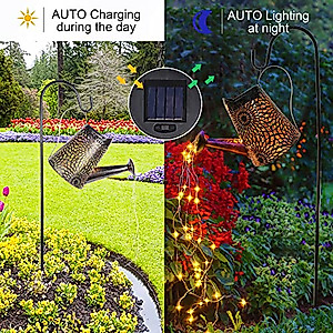 Glintoper 2 Pack Outdoor Solar Watering Can Garden Lights, Metal Waterfall Figurine Lights with Shepherd Hook, Decorative Yard Art for Mom, Mothers Day Ideal Gifts, for Patio Walkway Pathway Lawn