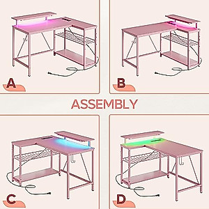 Bestier Gaming Desk with Power Outlets,42 LED Small Corner Computer Desk with Reversible Storage Shelves,L Shaped Desk with Hooks Workstation Desk for Office and Bedroom,Pink Carbon Fiber
