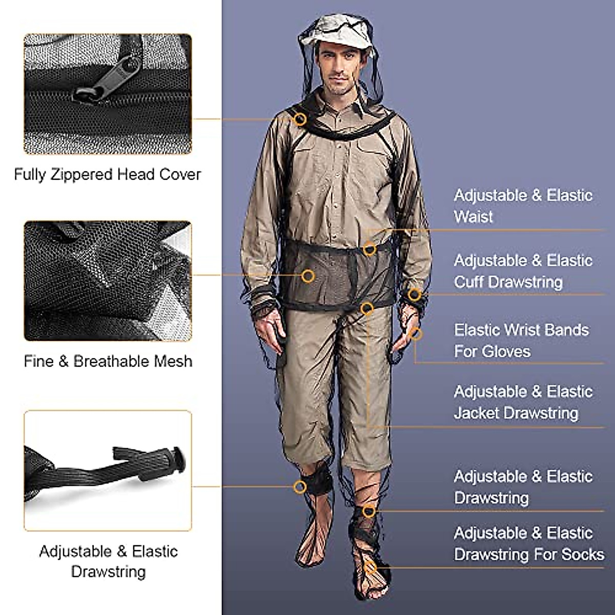 LIXADA Mesh Suit Set with Jacket Hood, Mitts, Socks & Storage Sack - Ultra-fine Net Mesh Clothing for Fishing Hiking Camping