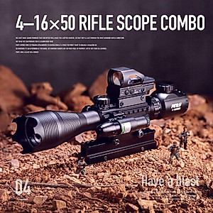 Pinty 4-16X50 Illuminated Optics Sight, Green Laser, Reflex Sight, 1 inch High Riser Mount & Laser Boresighter, Red Dot Laser Bore Sight Pistol Carbine Rifle Self Defense Hunting