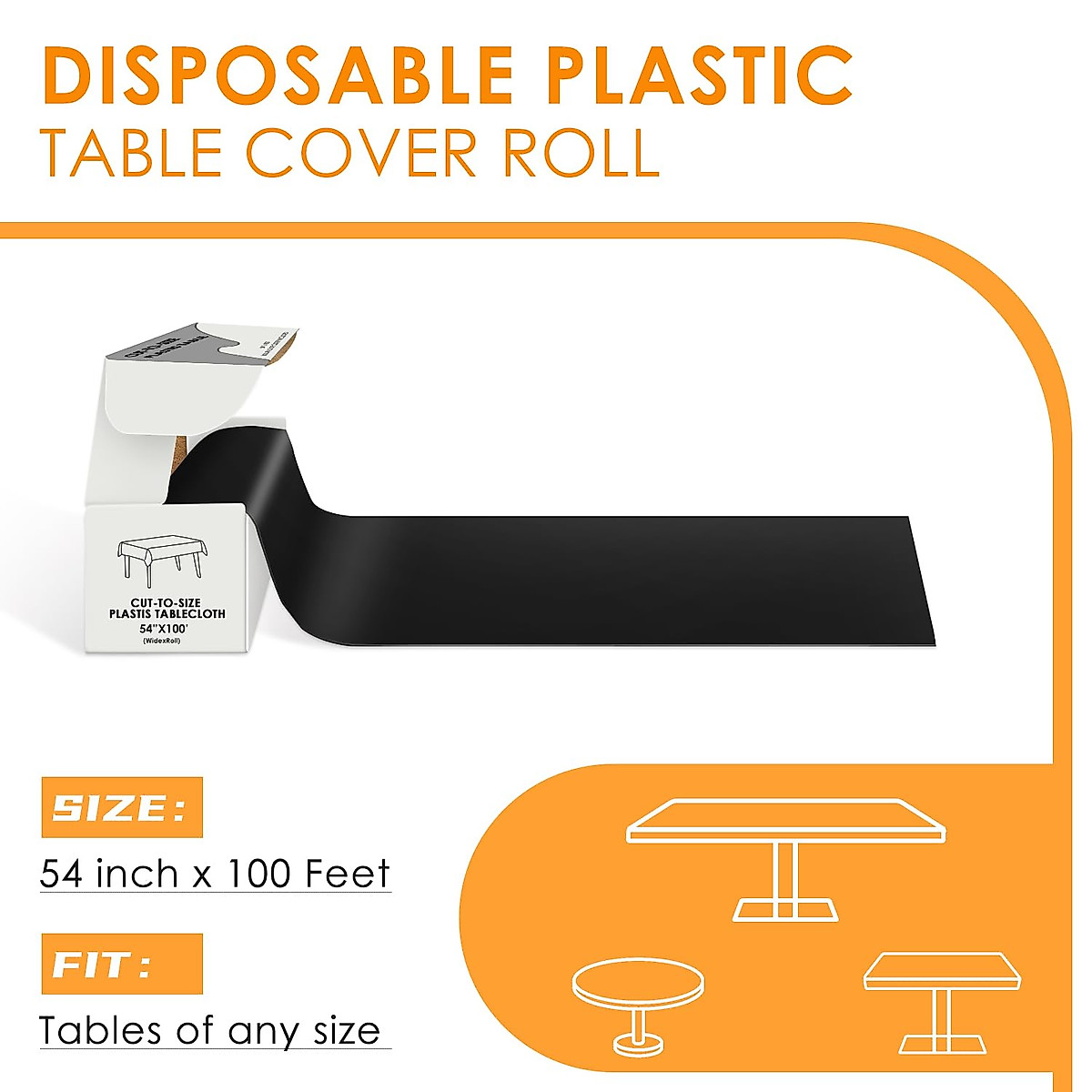 Black Disposable Plastic Table Cloth Roll 54" X 100', Plastic Table Cover with Cutter Box, Cut to Size Disposable Tablecloth for Parties