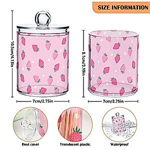 Kigai Cotton Swabs Organizer Pink Strawberry Qtip Holder Dispenser with Lid Apothecary Jar Set 2PCS Reusable Clear Plastic Cans for Dry Food