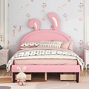 HBRR Wooden Bed Frame Full Size with 4 Storage Drawers and Bunny Ears Headboard, Upholstered Platform Bed with Storage for Kids Teens Boys & Girls, No Box Spring Needed, Pink