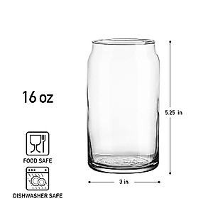 Glaver's Drinking Glasses 4pc Can Shaped Glass Cup Set, 16oz Beer Can Glass Coffee Cups, Cocktail Glasses, Water, Soda, Smoothie, Juice, Can Glasses. Dishwasher Safe
