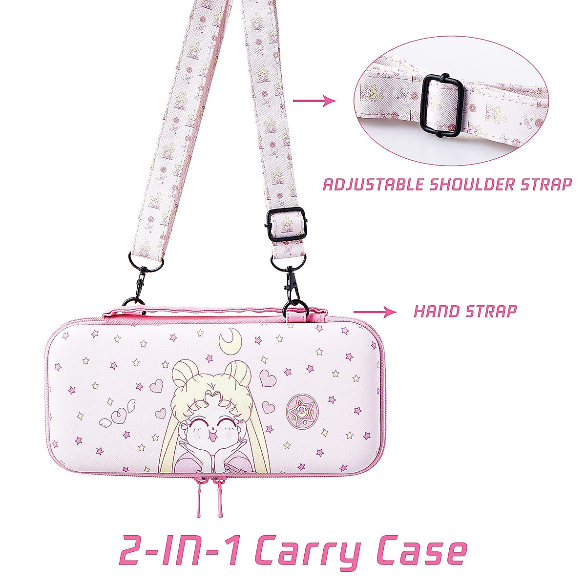 RHOTALL Case Compatible with Nintendo Switch & Switch OLED Carrying Case 2 in 1 Shoulder & Hand Strap, Protective Hard Portable Travel Carry Case Shell Pouch for Switch Accessories (Moon Pink)